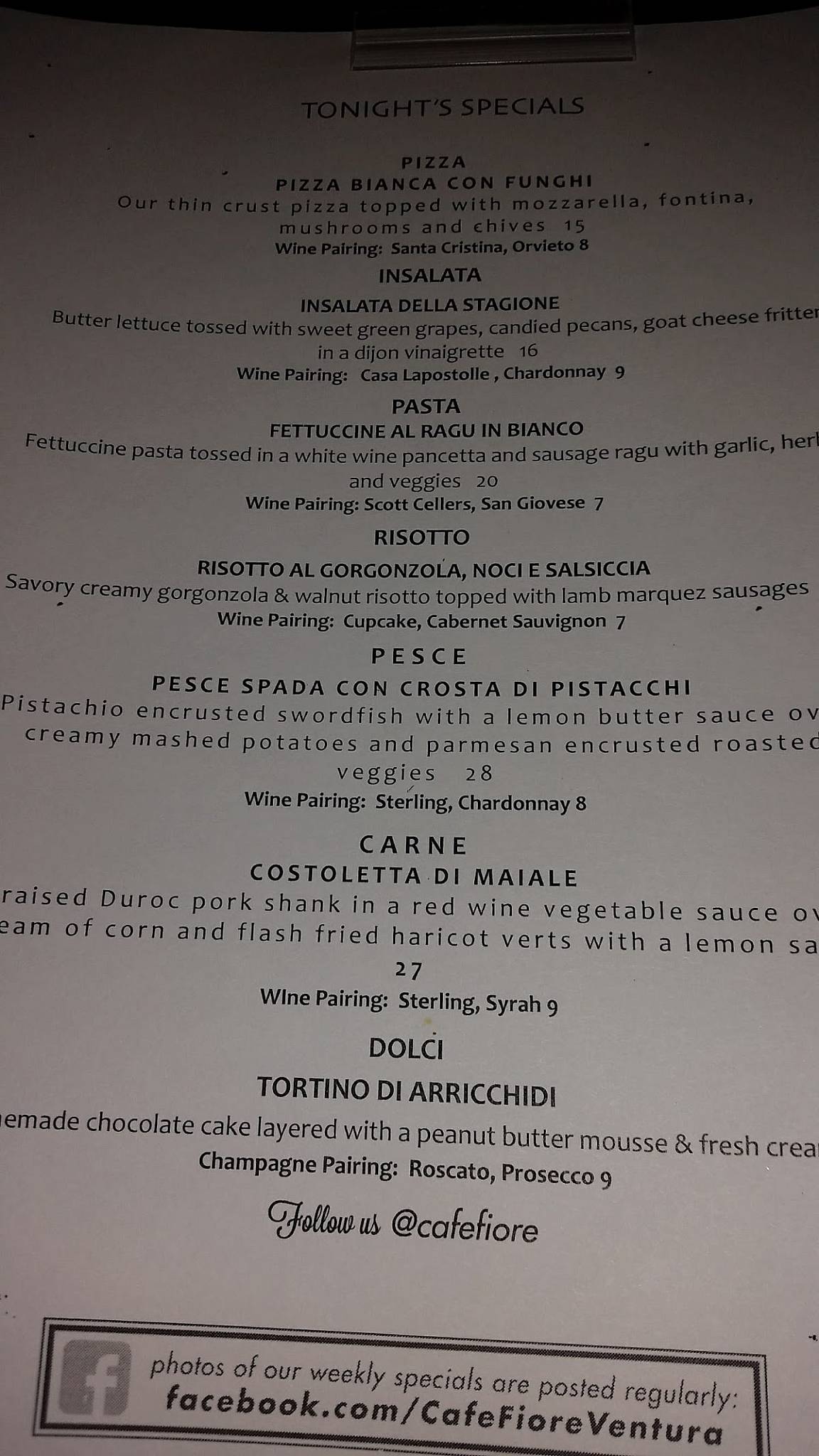 Menu at Cafe Fiore, Ventura