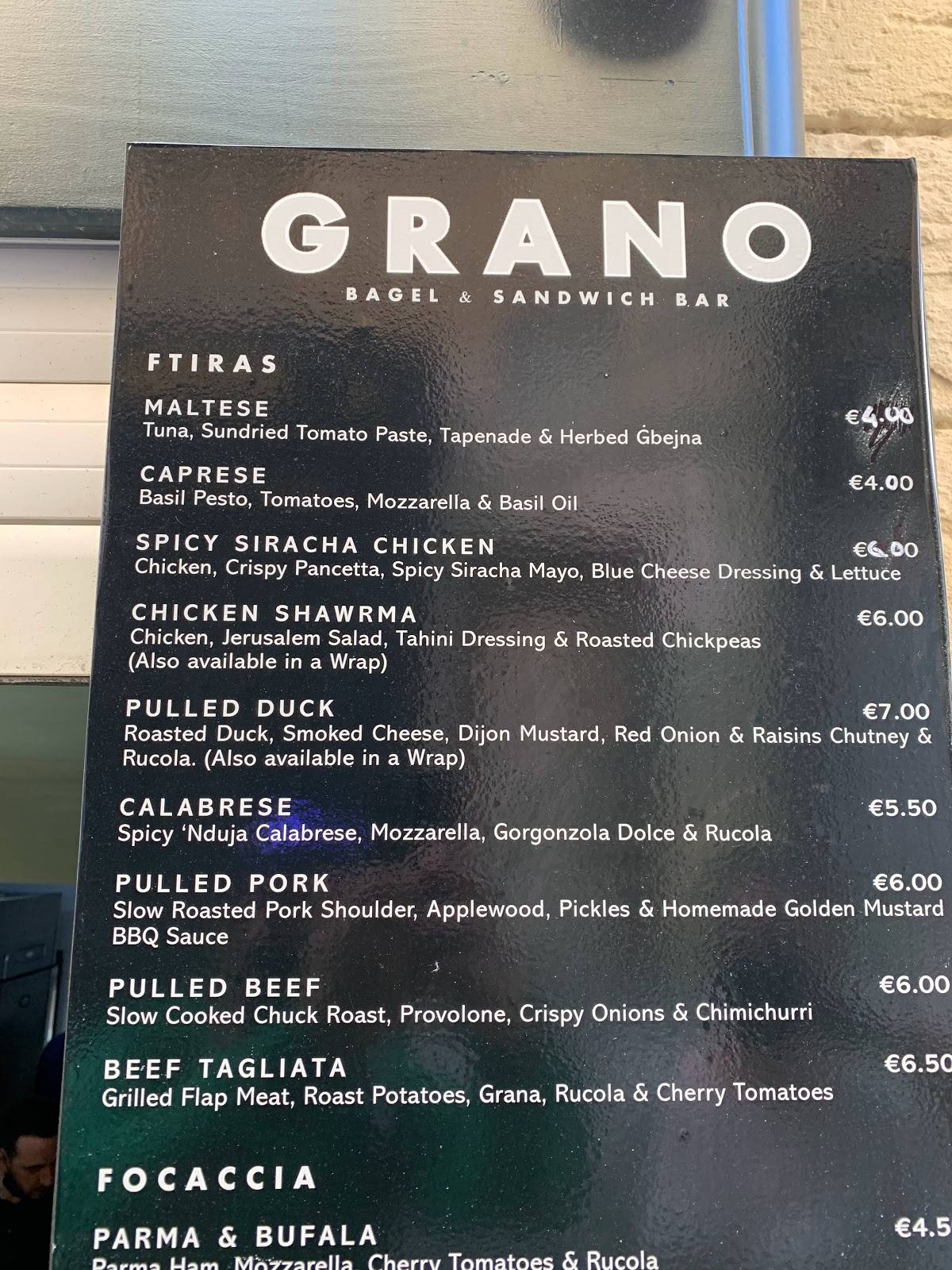 Menu at Grano cafe, Valletta