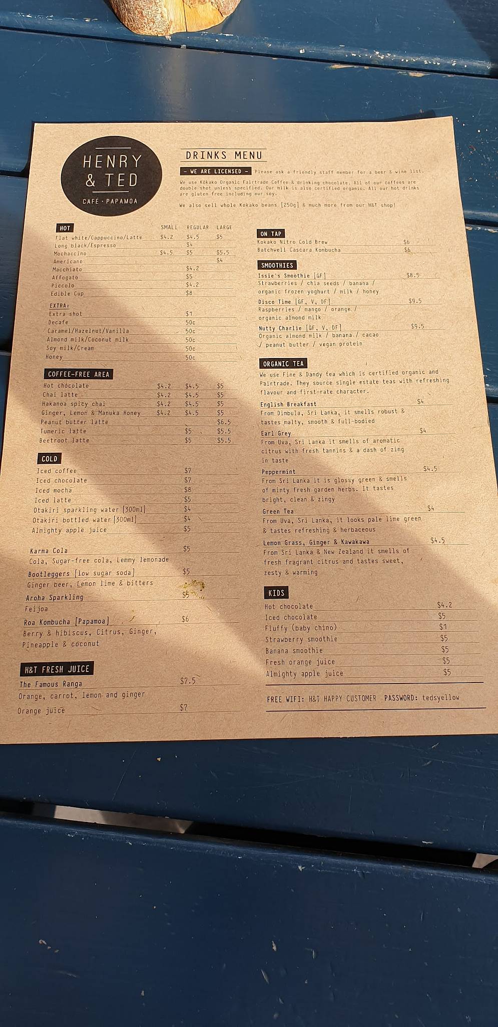 Menu at Henry & Ted cafe, Papamoa