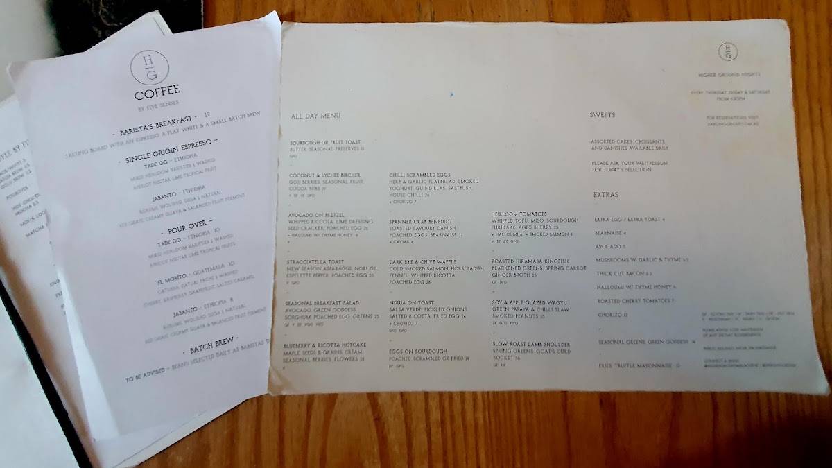 Menu at Higher Ground cafe, Melbourne
