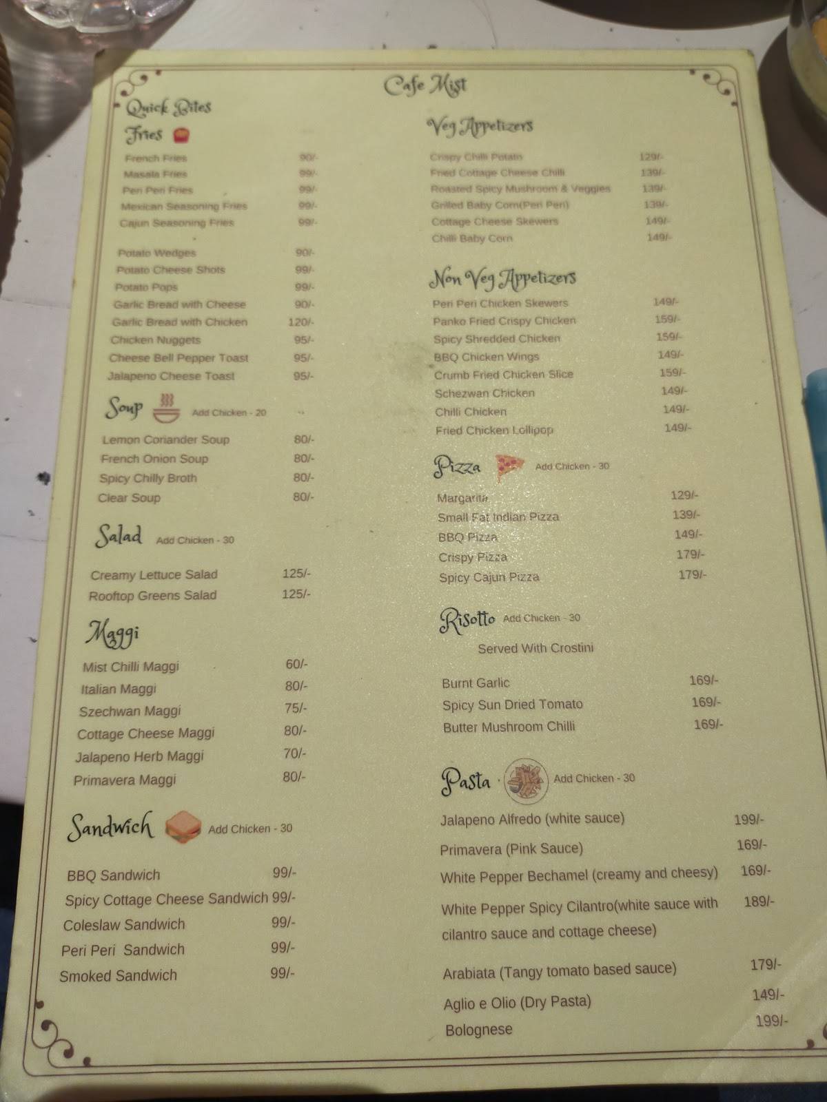 Menu at Cafe Mist, Bengaluru