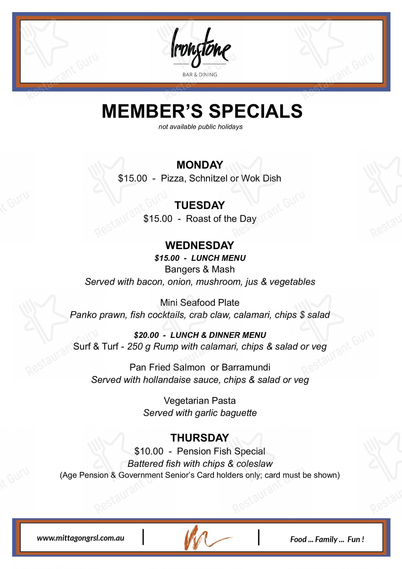 Menu at Mittagong RSL Club, Mittagong
