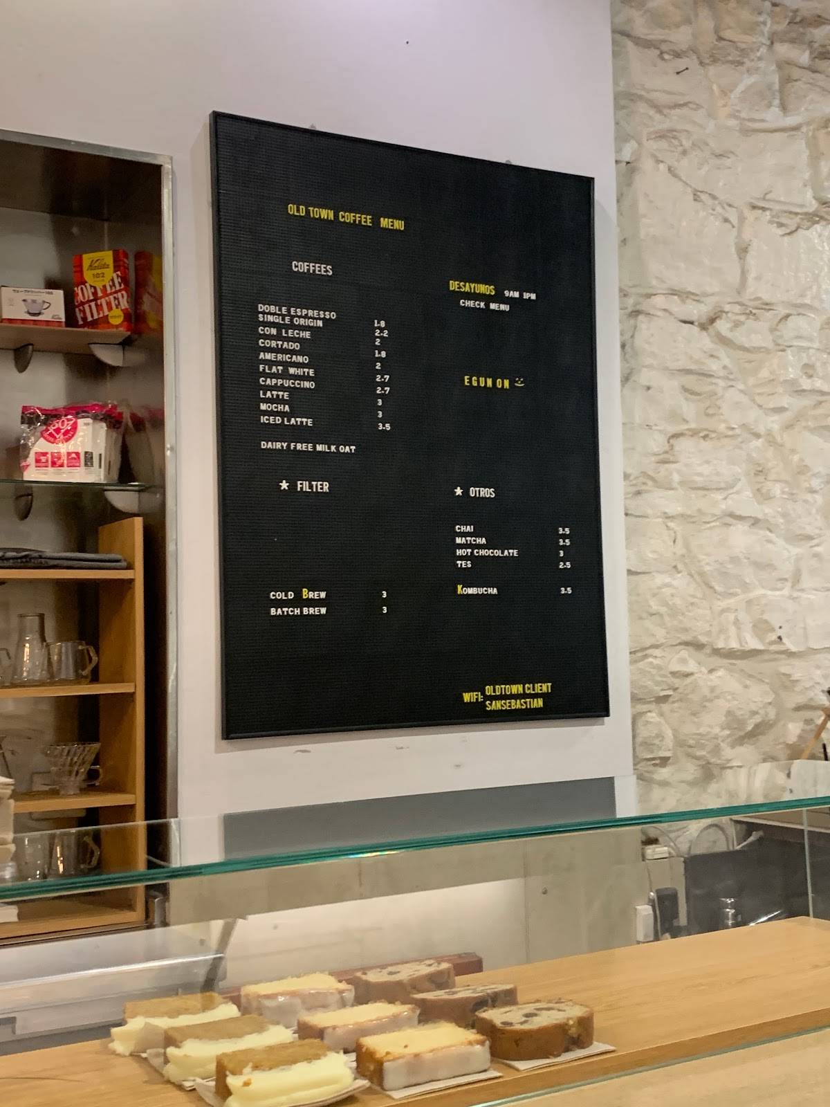Menu at Old Town Coffee cafe, San Sebastián