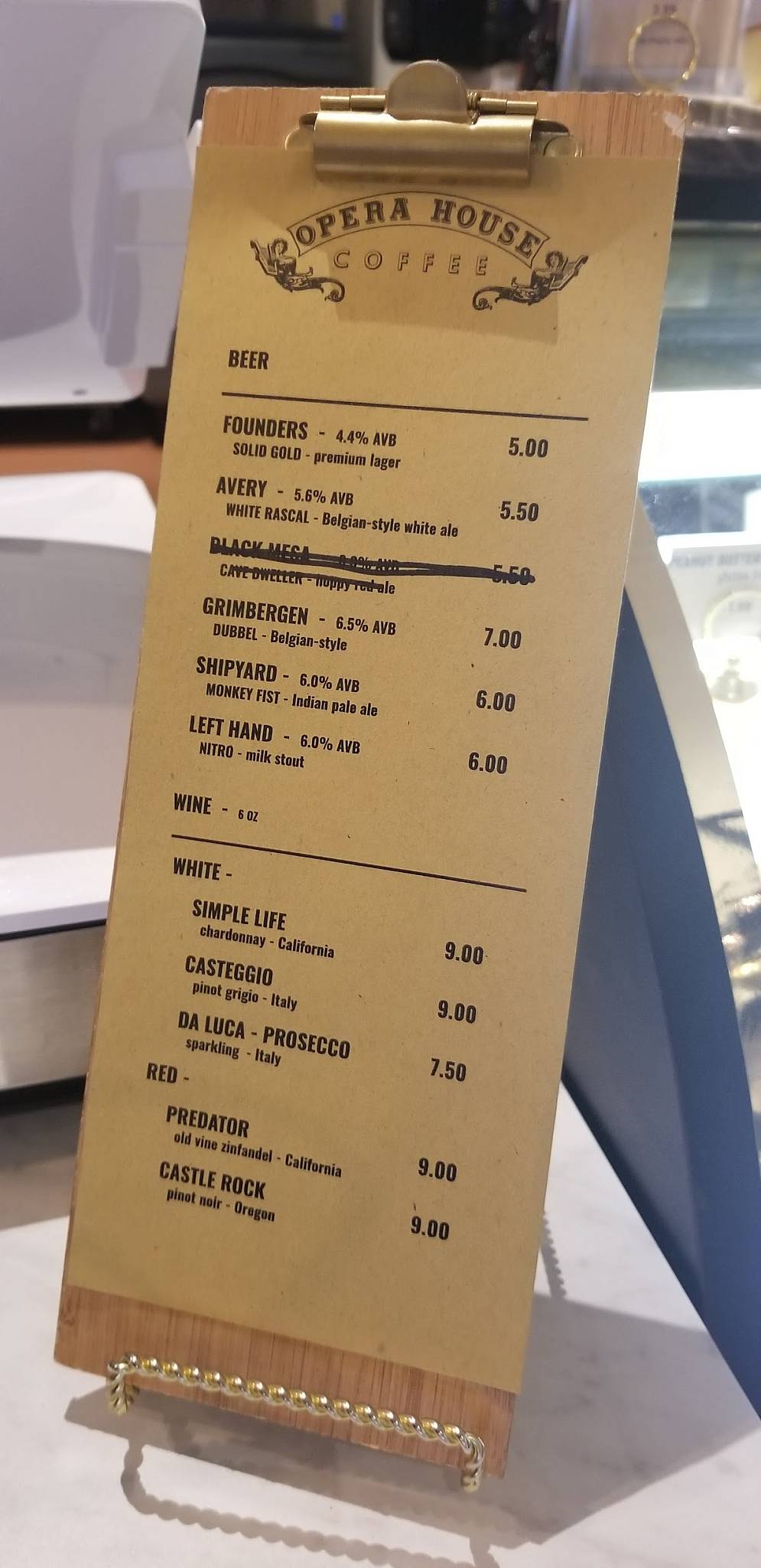 Menu at Opera House Coffee cafe, Durant