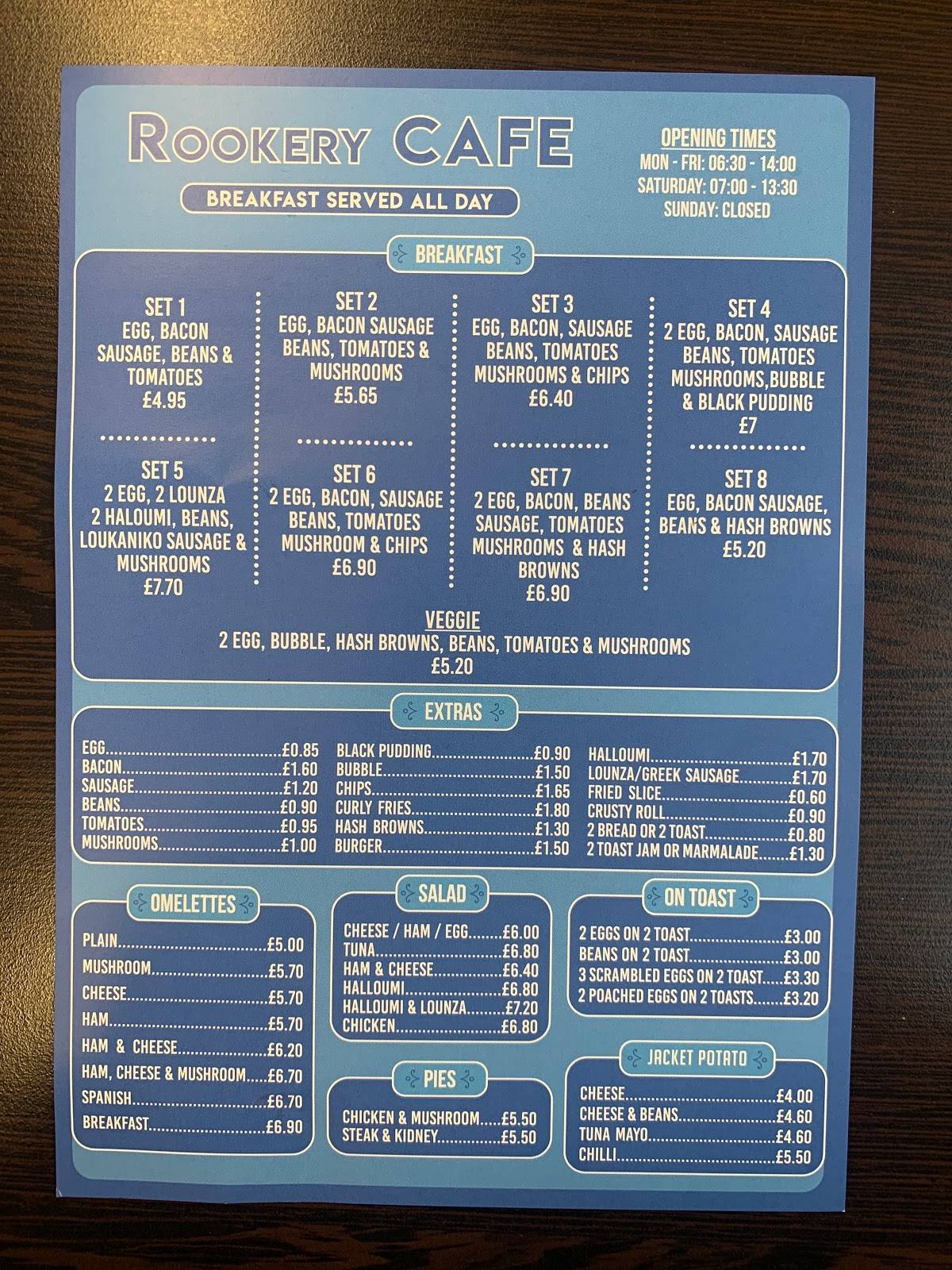 Menu at Rookery Cafe, Hatfield