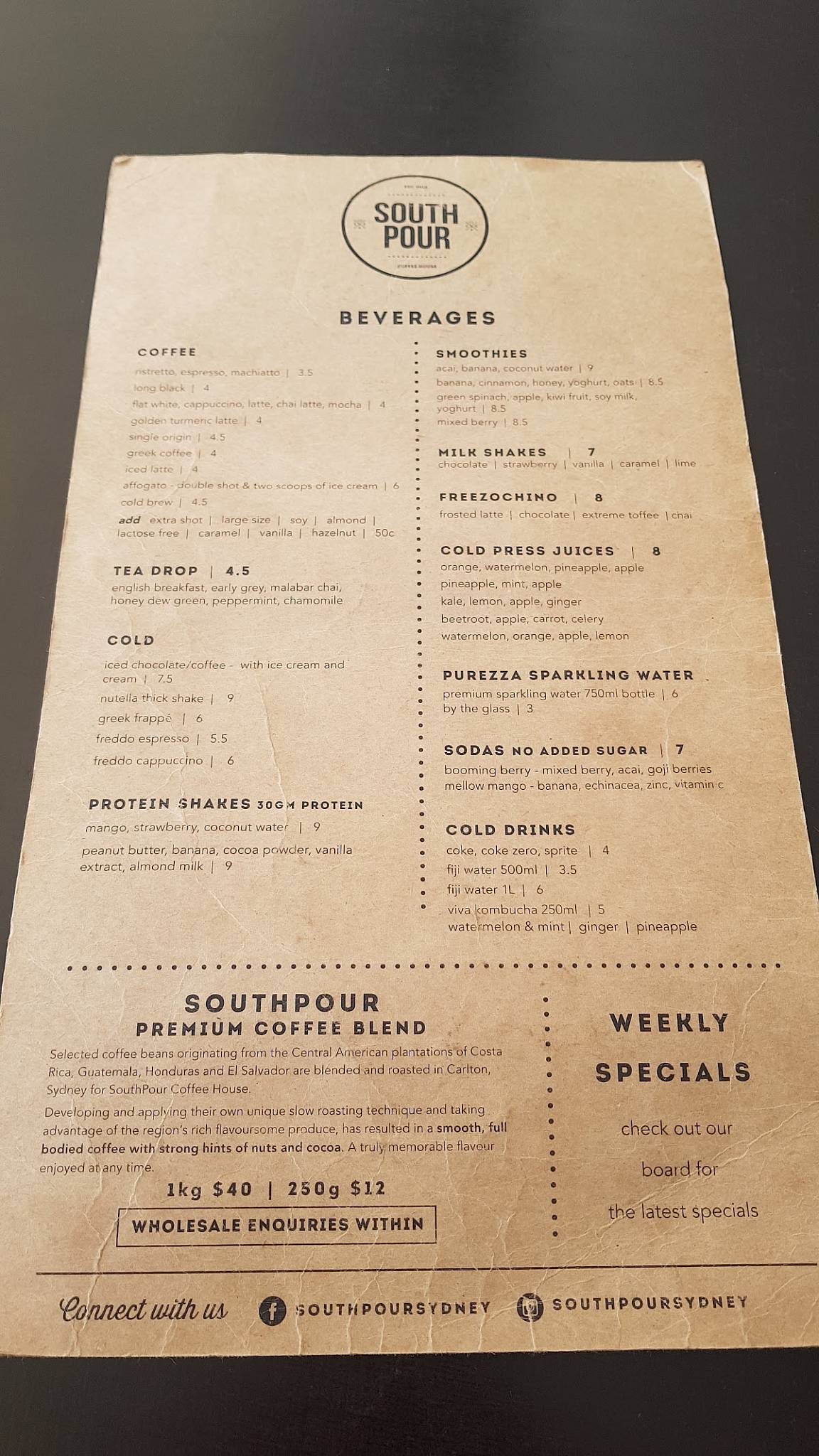 Menu at South Pour Sydney cafe, Penshurst
