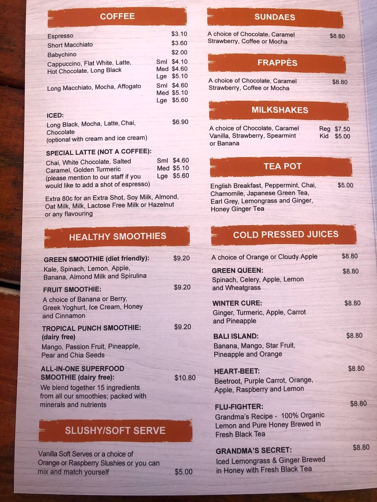 Menu at Surfing Lizard - Coogee cafe, Coogee