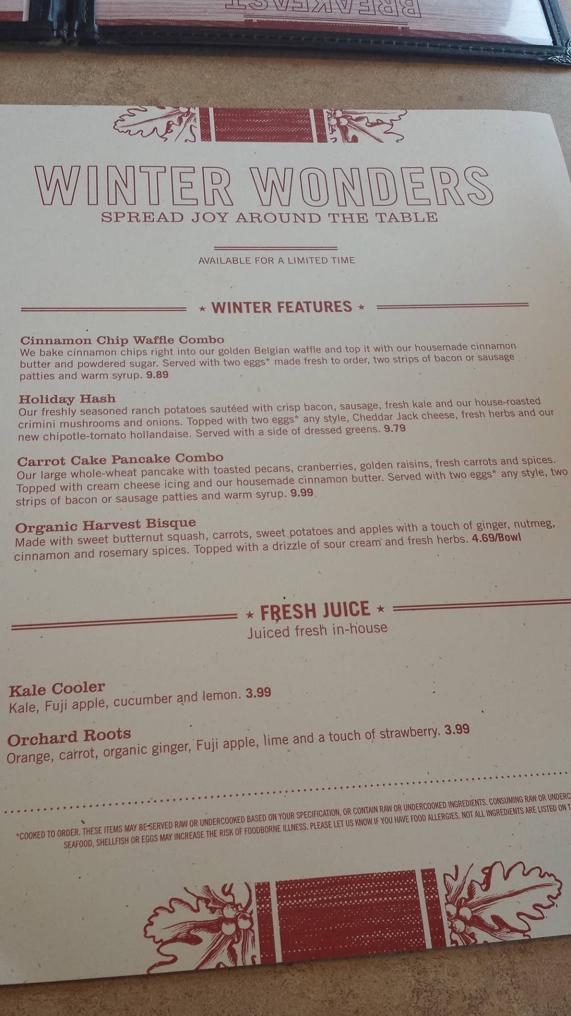 Menu at The Egg restaurant, Fort Smith