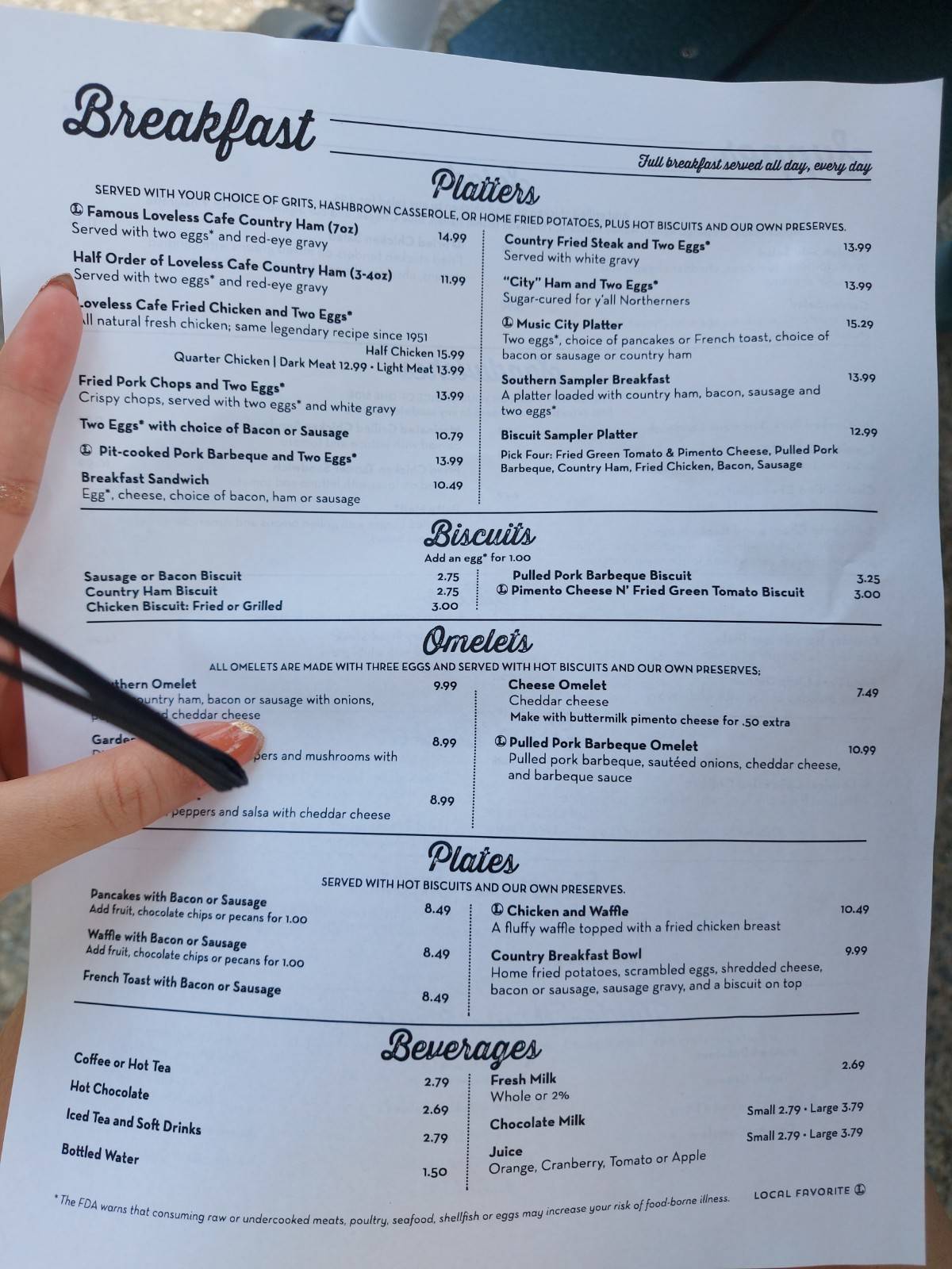 Menu at The Loveless Cafe, Nashville