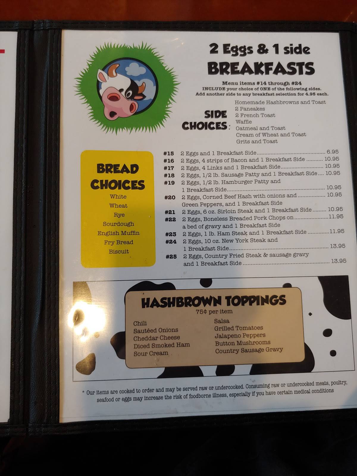 Menu at Tippy cow cafe, Billings