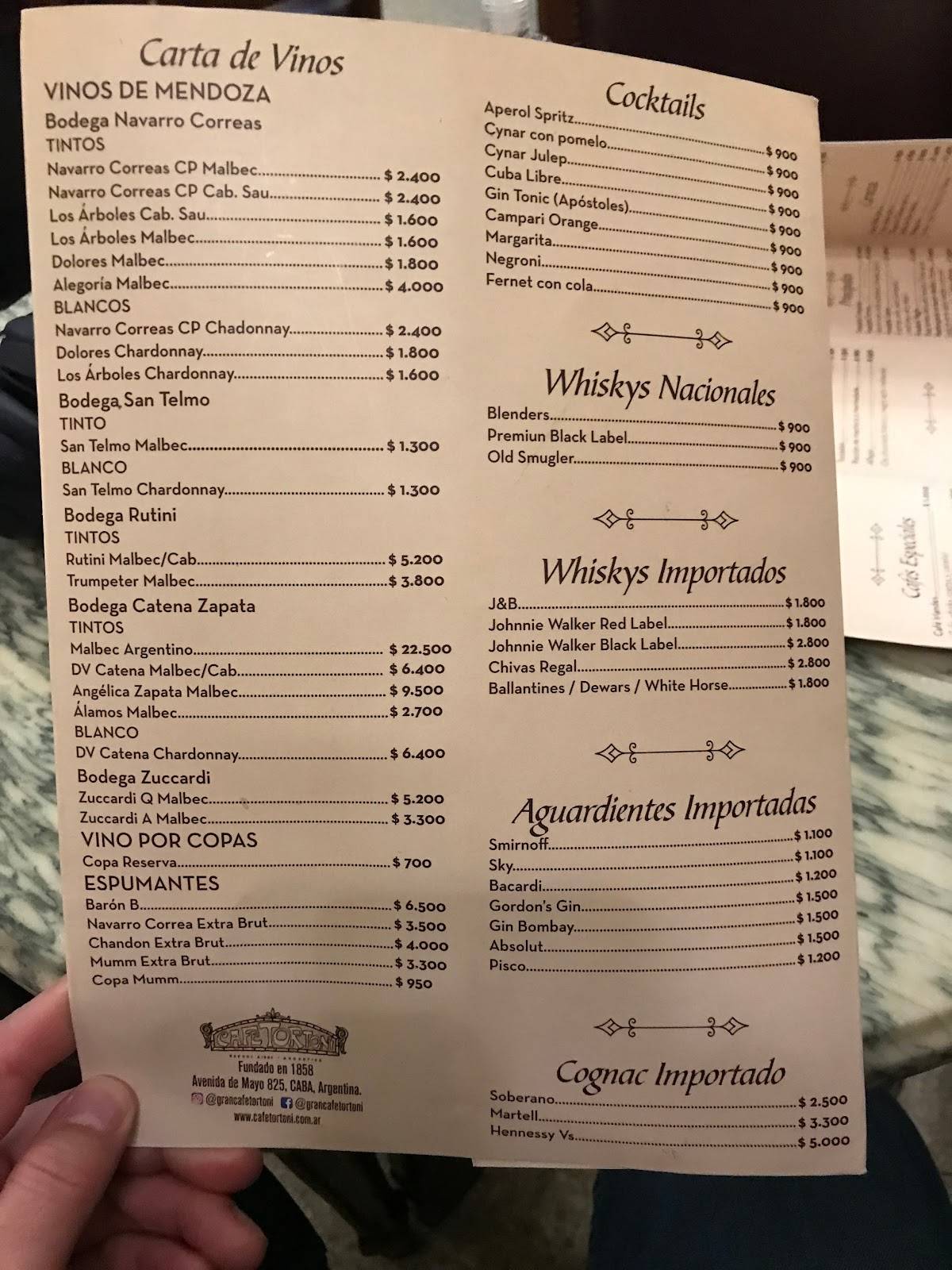 Menu at Café Tortoni, Buenos Aires, Av. de Mayo 825