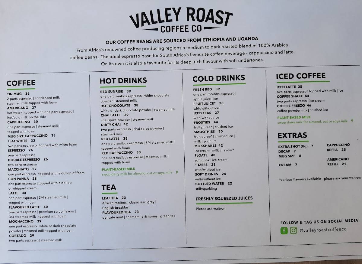 Menu at Valley Roast Coffee Co cafe, Cape Town