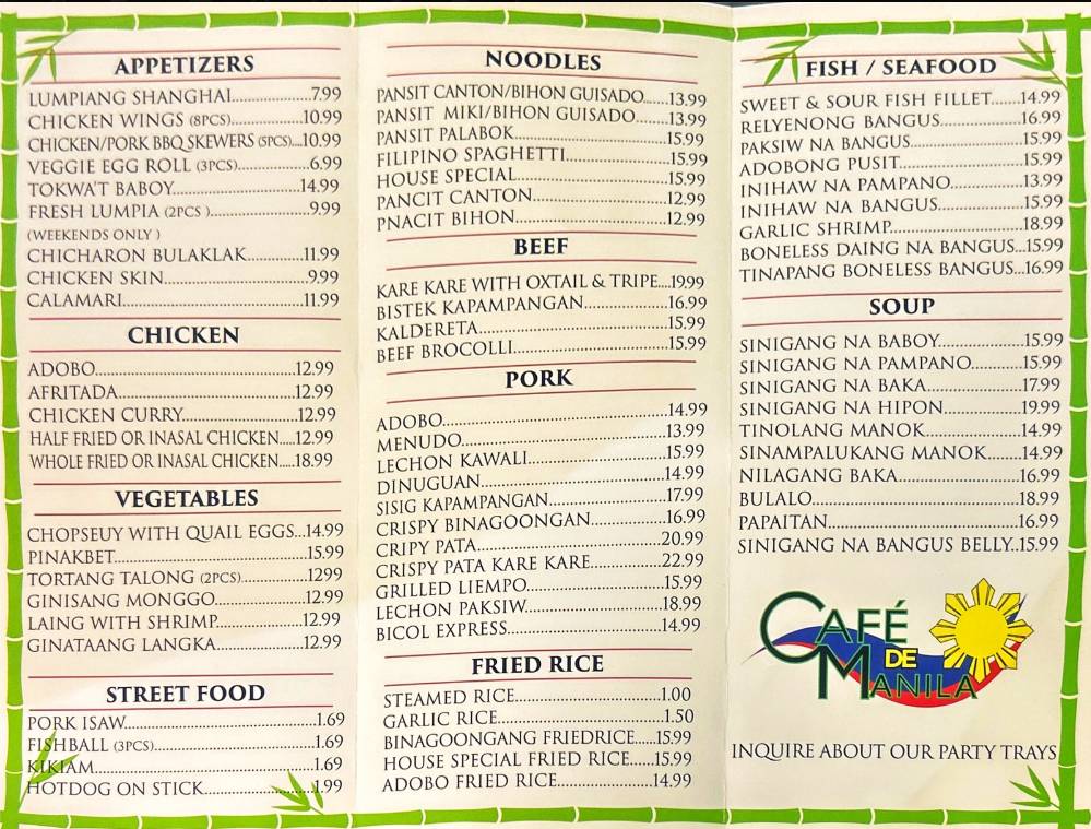Menu at Cafe de Manila, Las Vegas