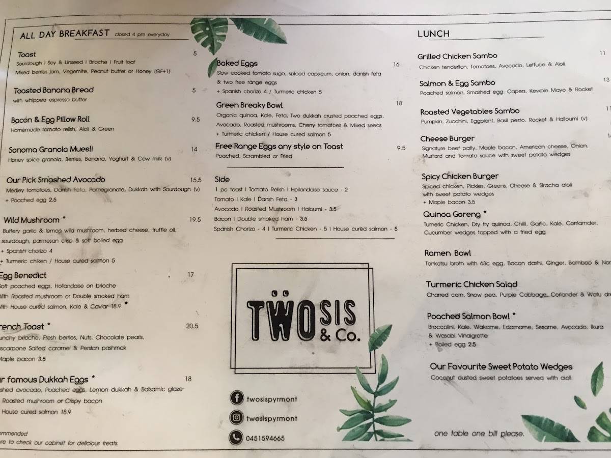 Menu at two sis & co cafe, Pyrmont