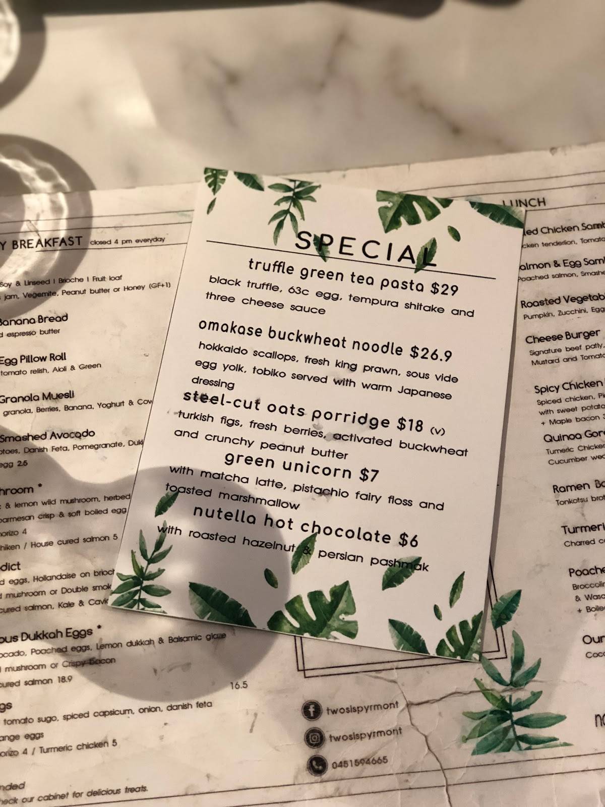 Menu at two sis & co cafe, Pyrmont