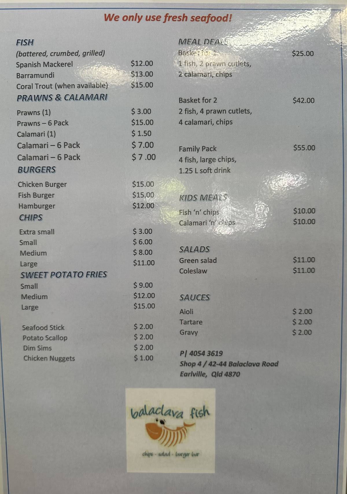 Menu at Balaclava Fish restaurant, Earlville