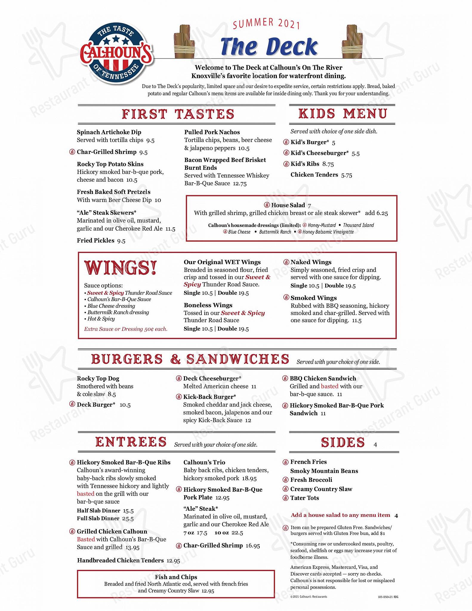 Menu at Calhoun's On The River pub & bar, Knoxville, 400 Neyland Dr
