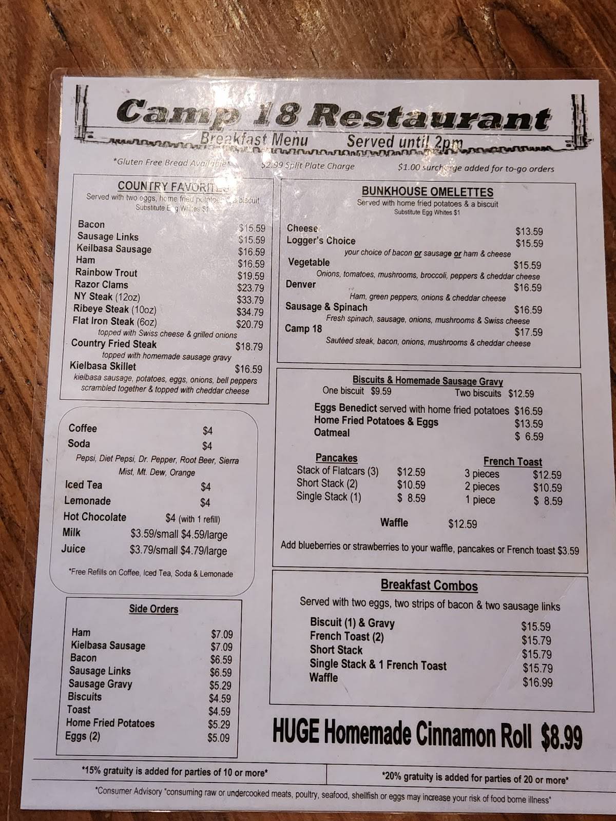 Menu at Camp 18 restaurant, USA