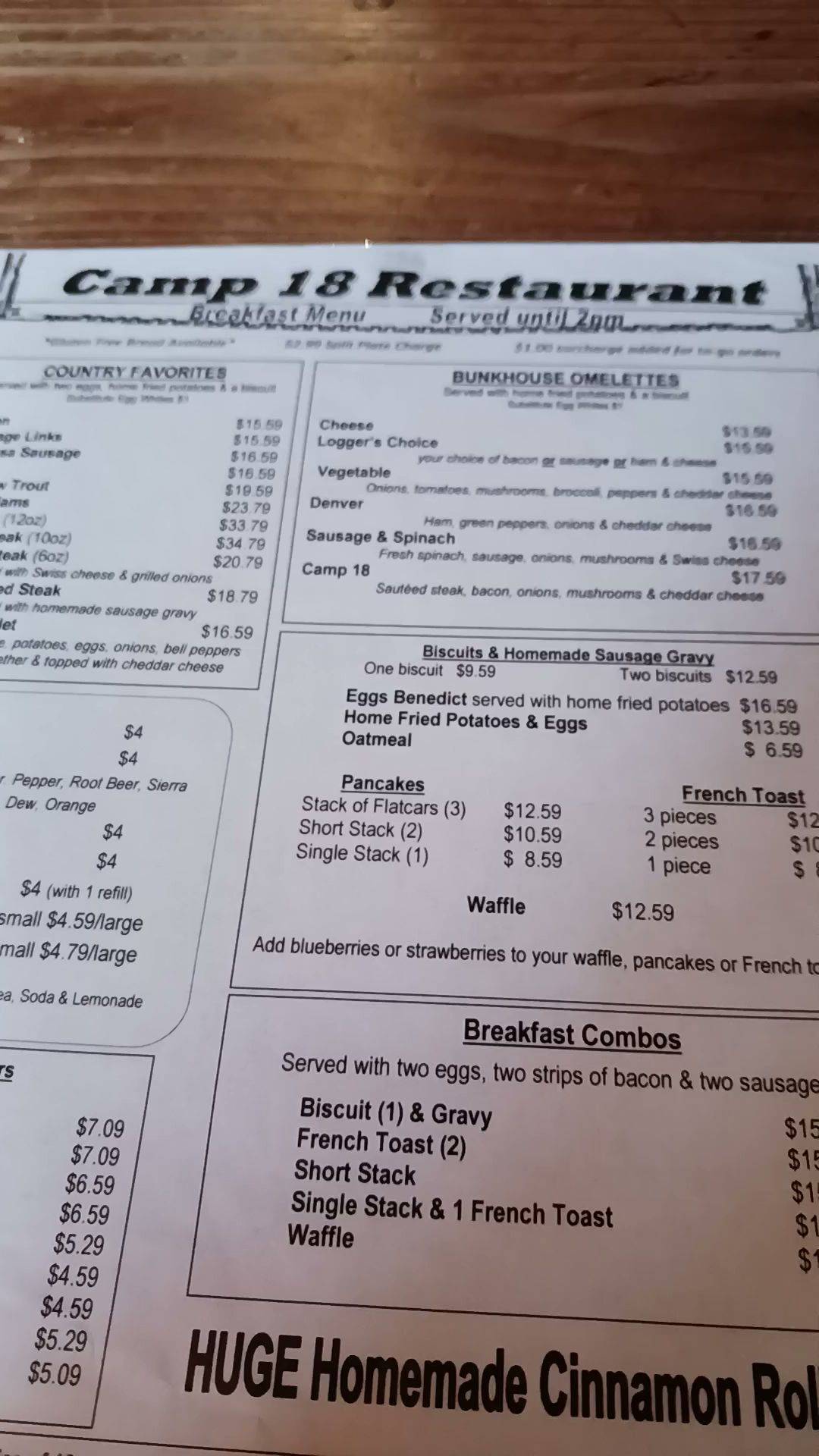 Menu at Camp 18 restaurant, USA
