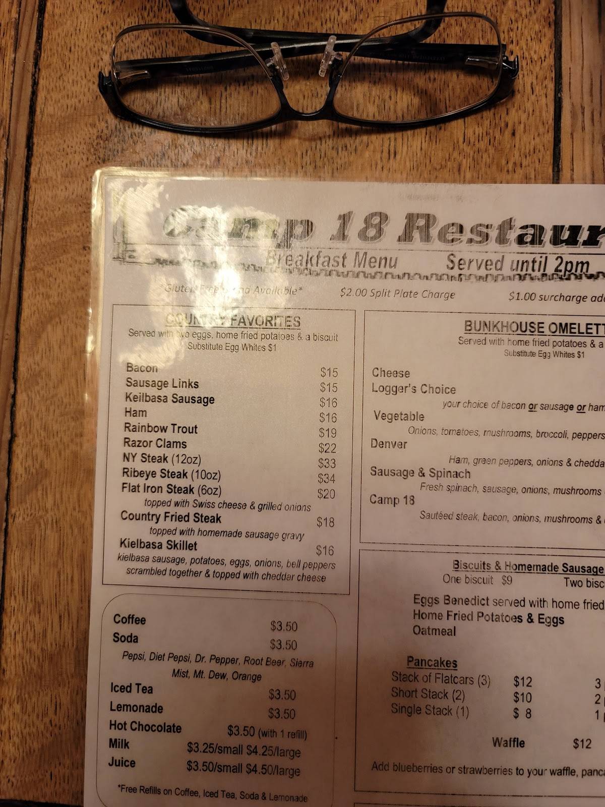 Menu at Camp 18 restaurant, USA