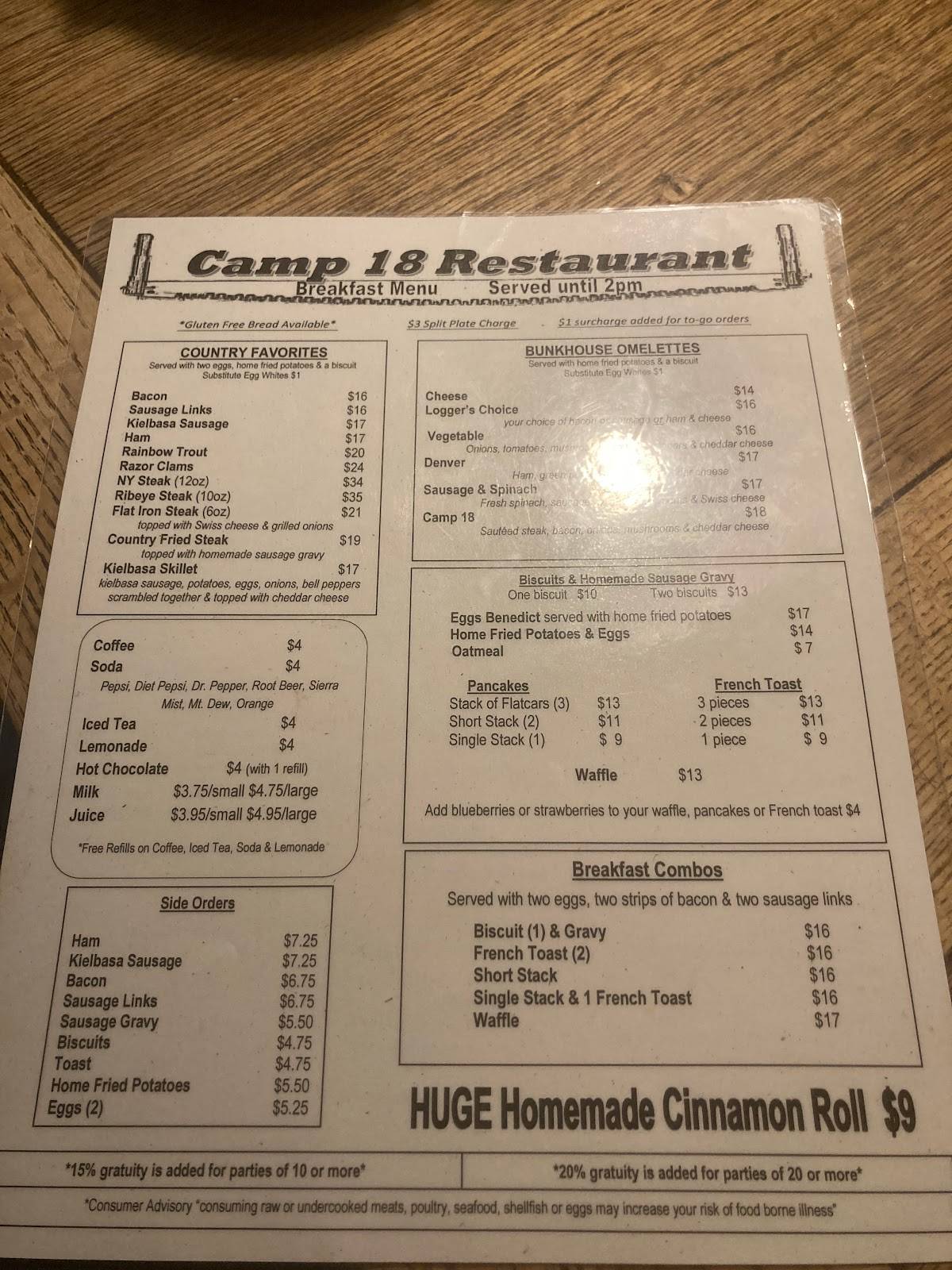 Menu at Camp 18 restaurant, USA