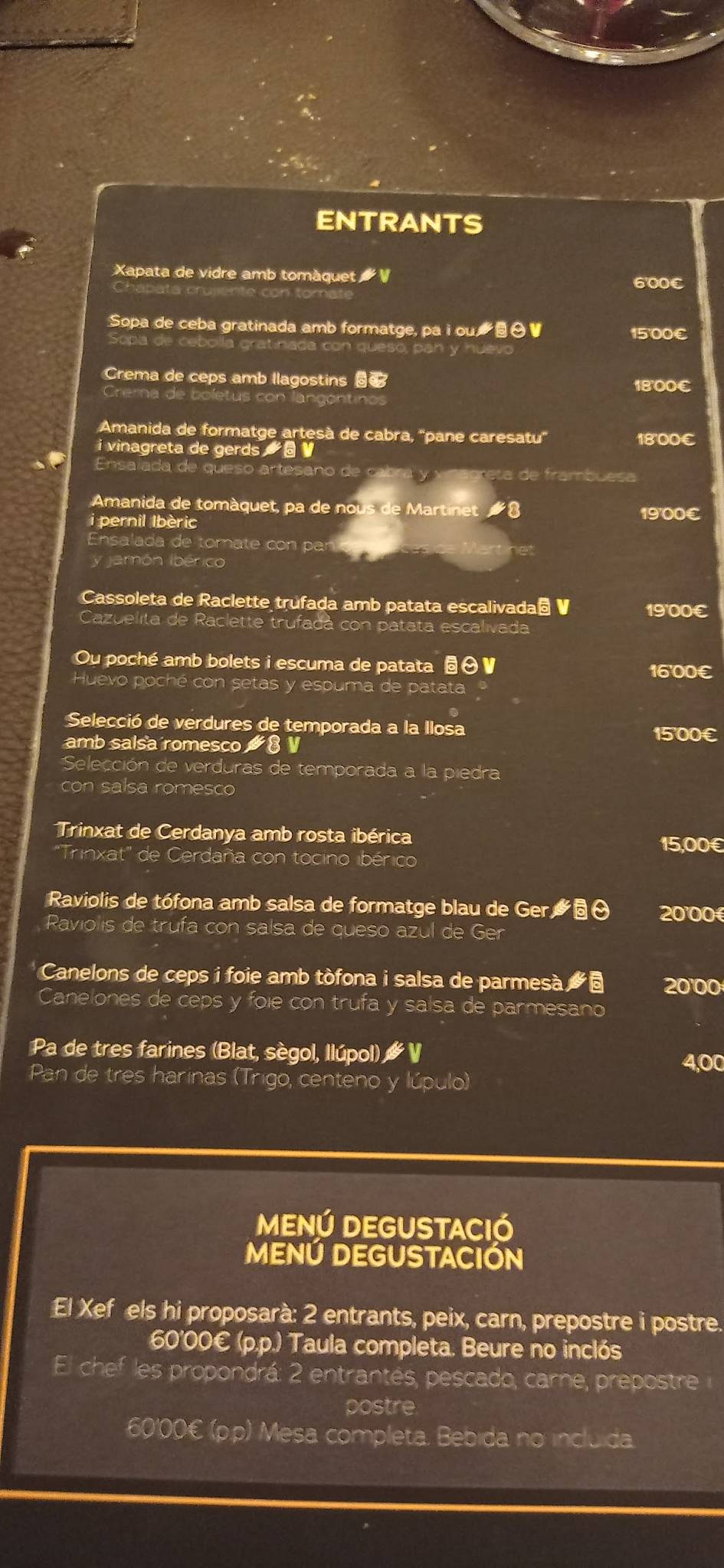 Carta de Restaurant Can Ventura, Llívia