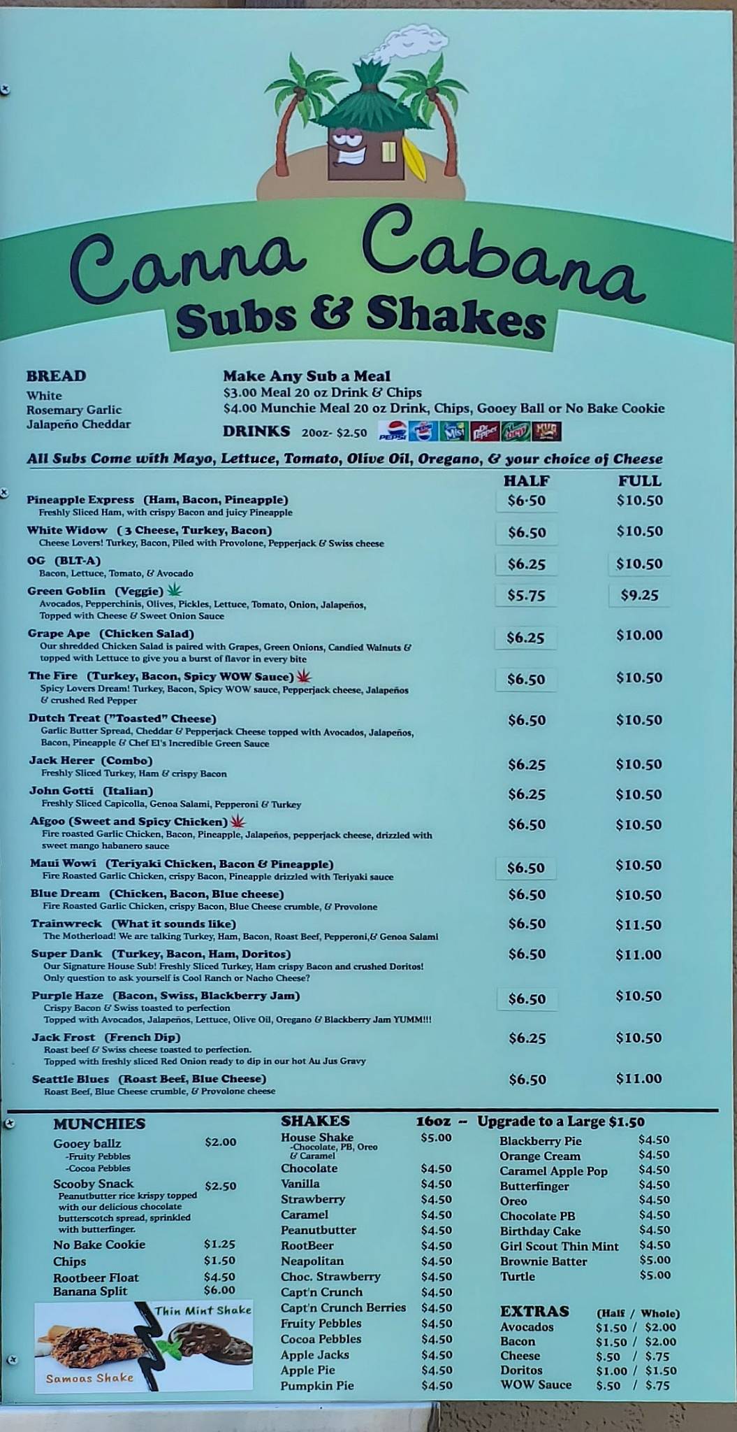 Menu at Canna Cabana Subs & Shakes restaurant, Lacey