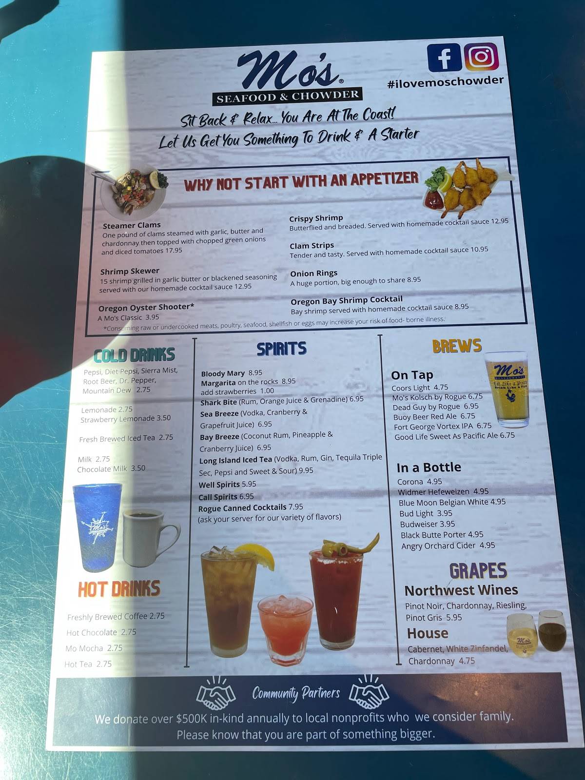 Menu at Mo's Seafood & Chowder - Cannon Beach restaurant, Cannon Beach