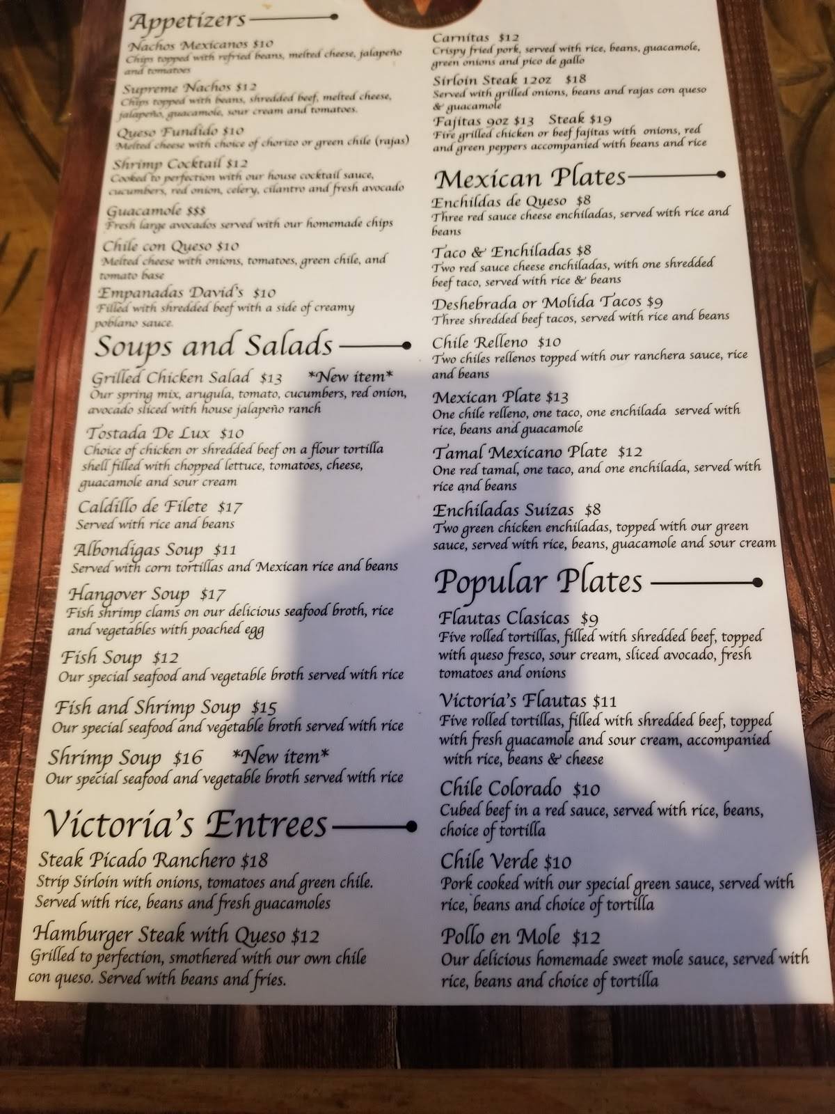 Menu at Victoria's Mexican Grill restaurant, Canutillo