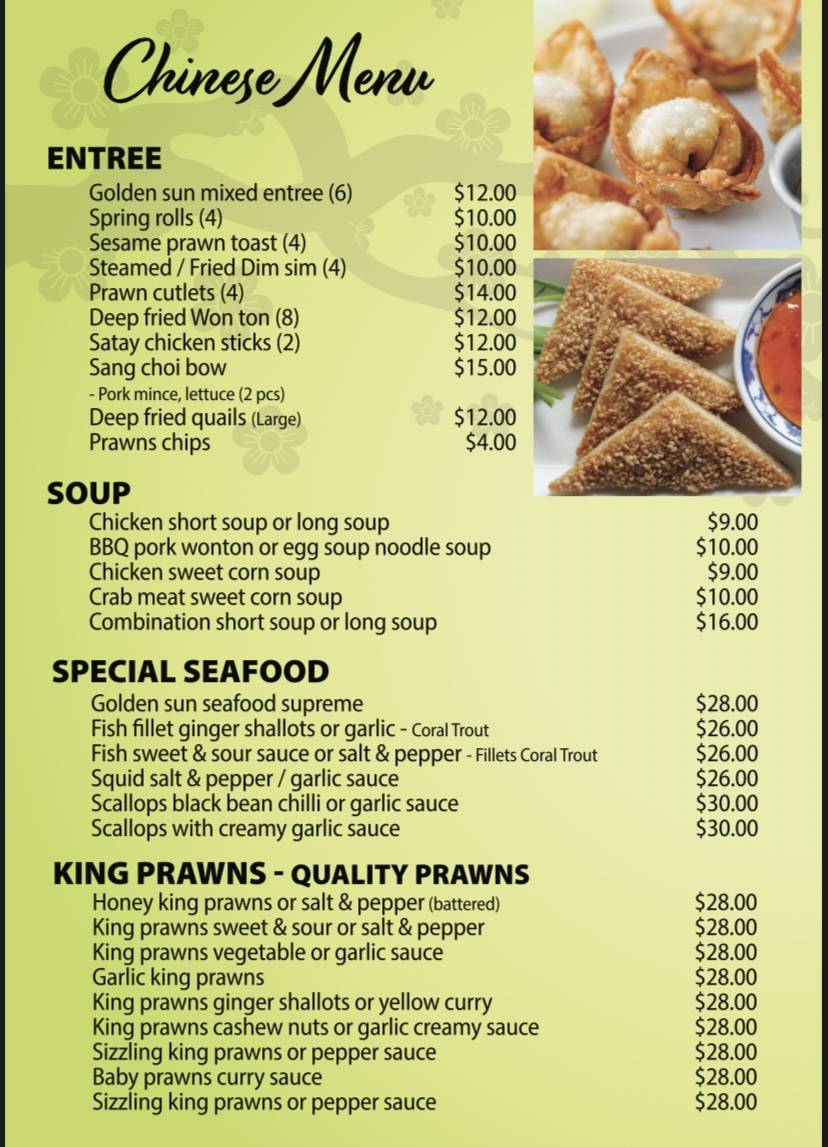 Menu at Golden Sun Chinese & Vietnamese Restaurant Capalaba, Capalaba