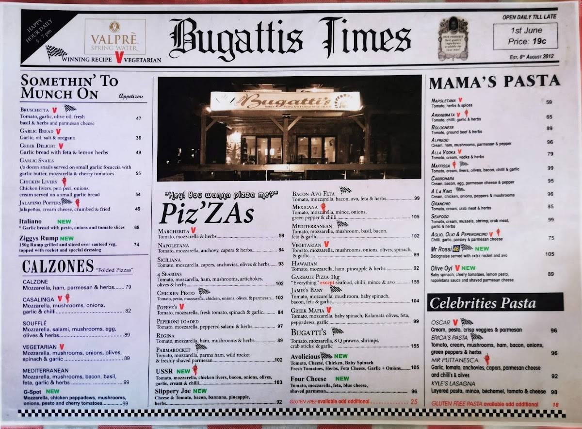 Menu at Bucca Bugattis restaurant, Cape Town
