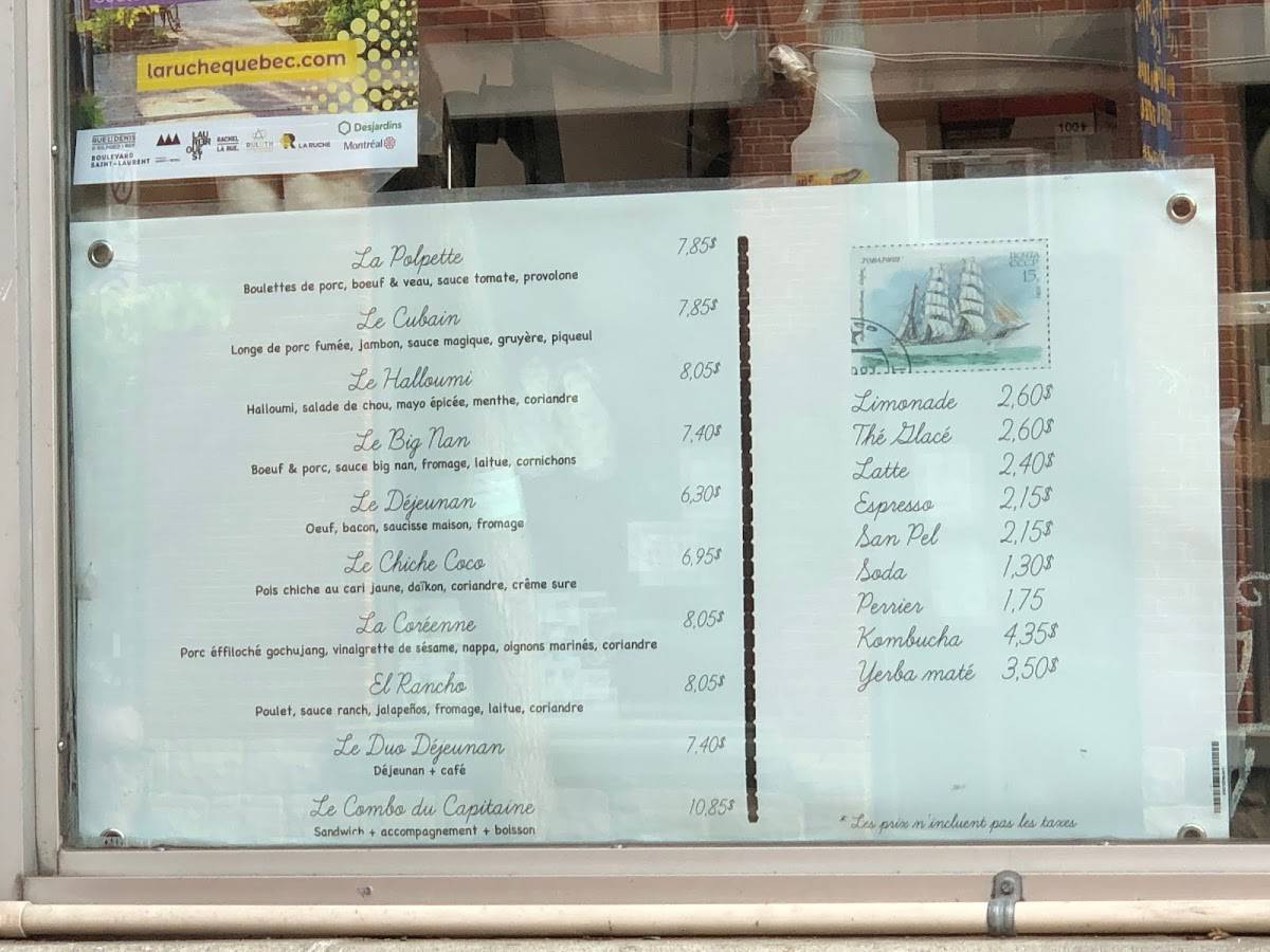 Menu au Capitaine Sandwich restaurant, Montréal