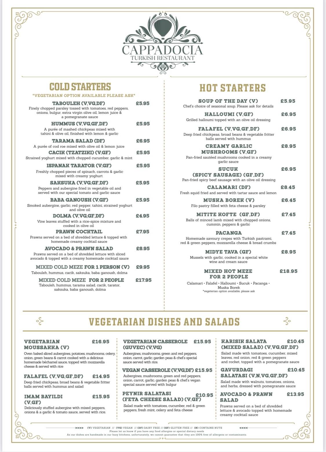 Menu at Cappadocia Turkish Restaurant, Bath