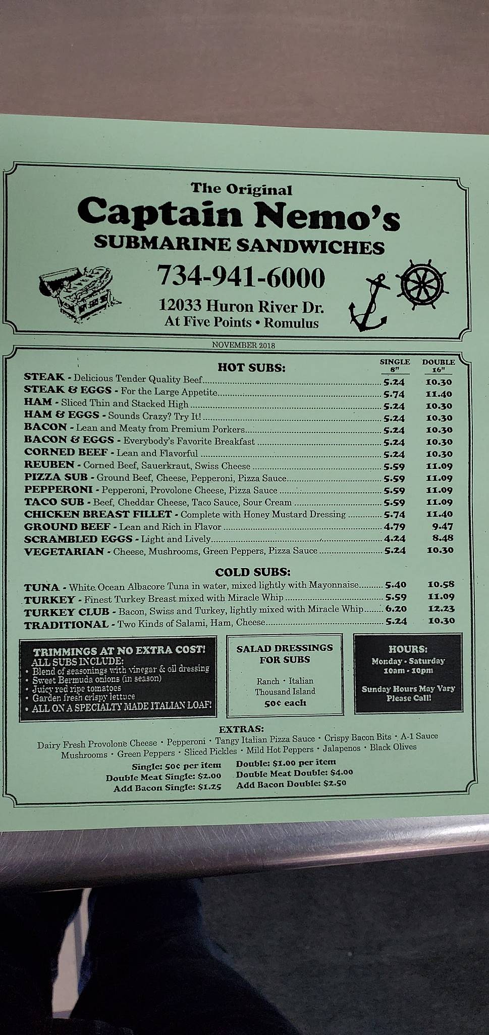 Menu at Captain Nemo's Sandwiches restaurant, Romulus