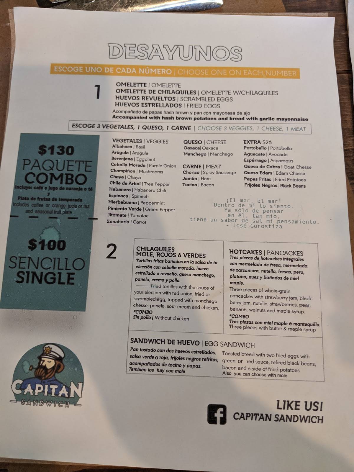 Menu at Captain Sandwich restaurant, Playa del Carmen, 5ta Avenida mz ...
