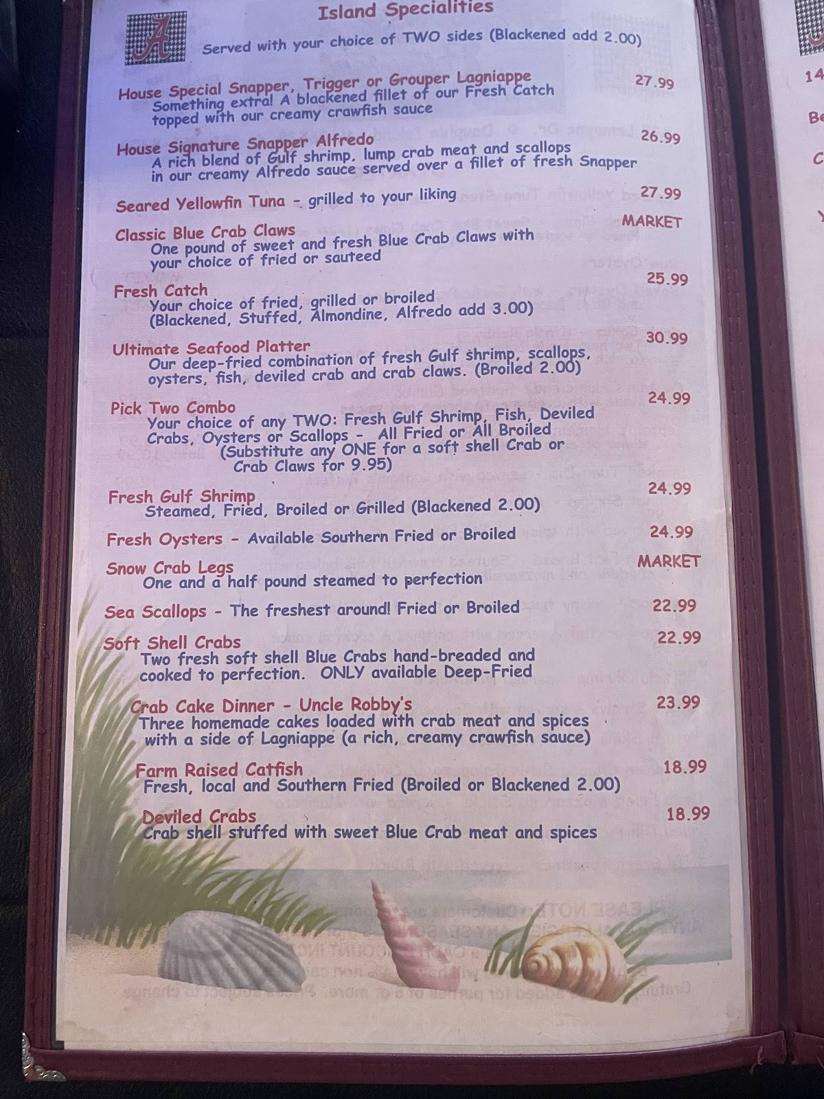Menu at Capt'n Snapper's restaurant, Dauphin Island