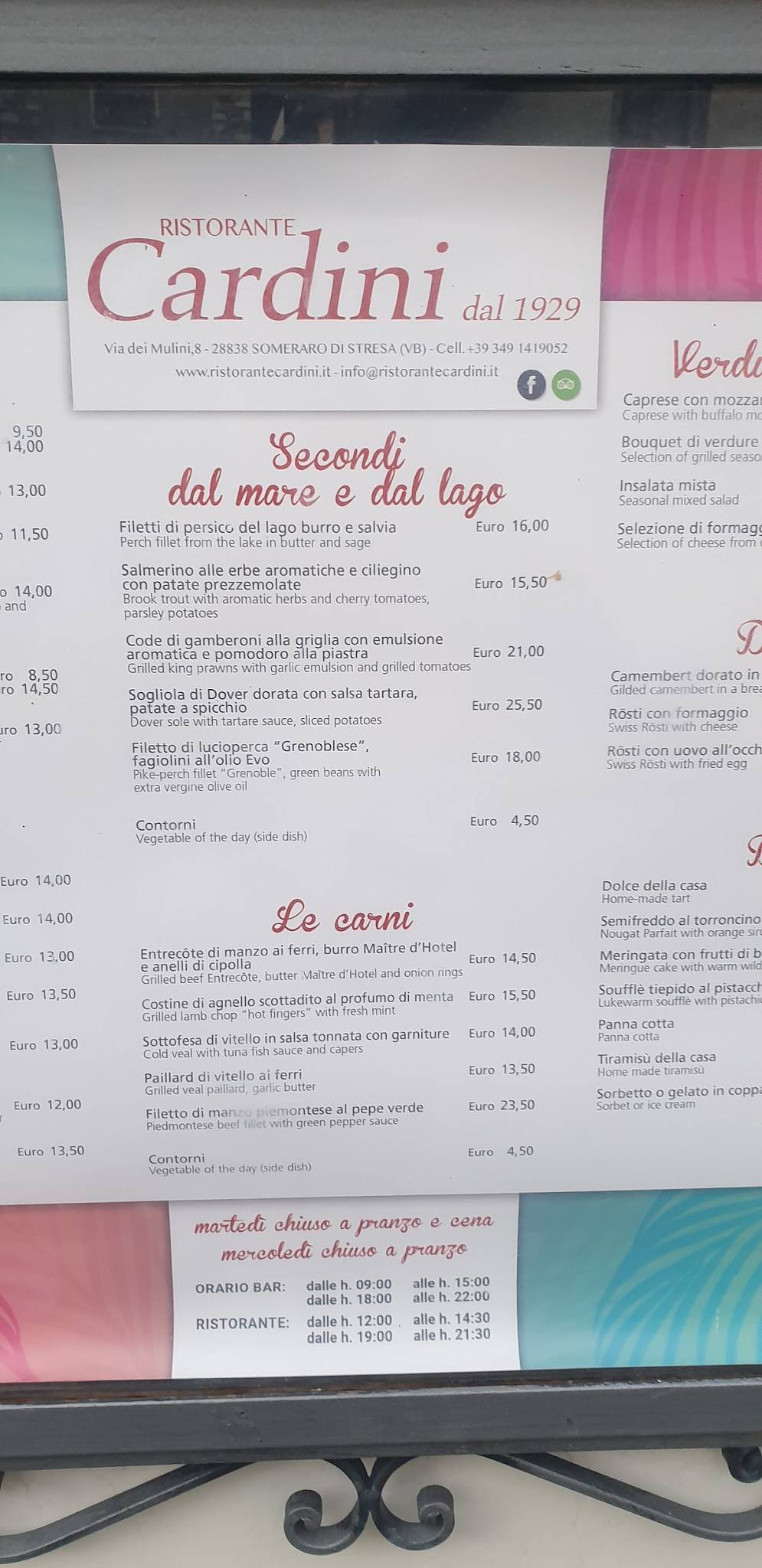 Menu at Cardini restaurant, Stresa