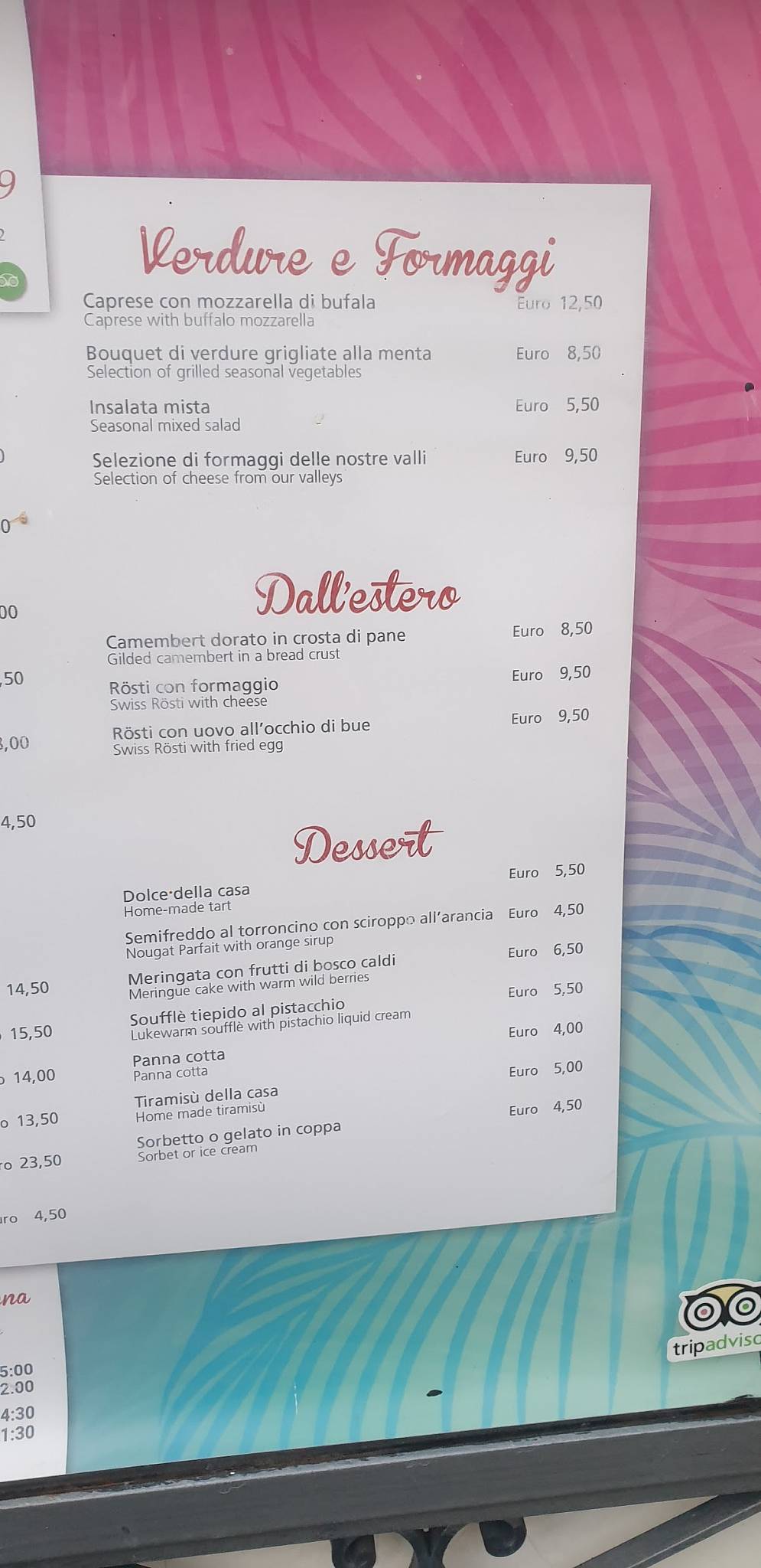 Menu at Cardini restaurant, Stresa