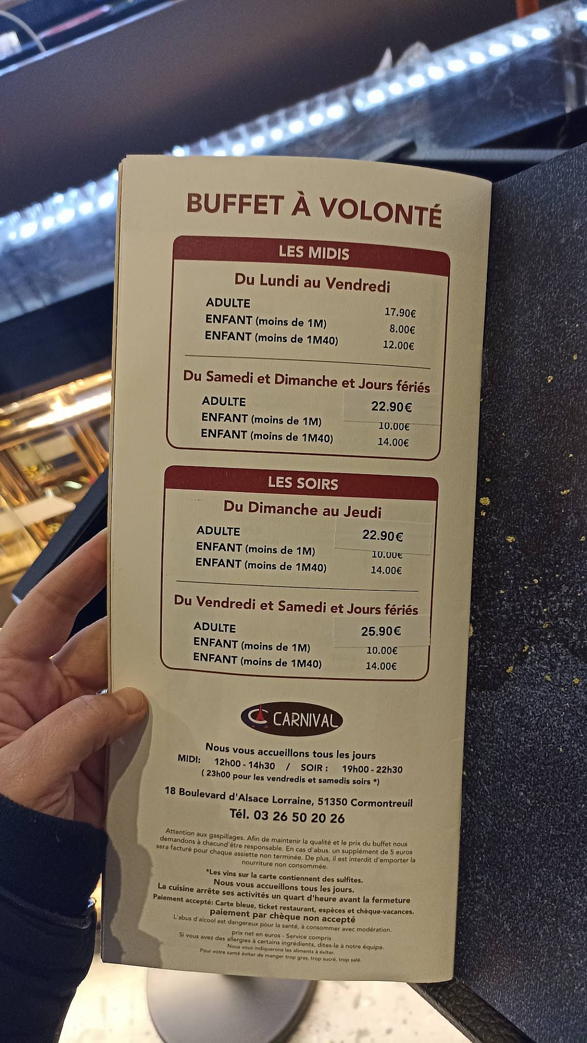 Menu au Carnival restaurant, Cormontreuil