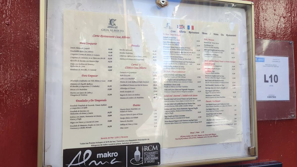 Carta del restaurante Casa Alberto, Madrid, Calle del Las Huertas