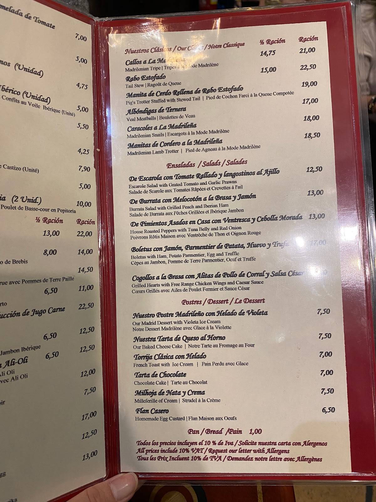 Carta del restaurante Casa Alberto, Madrid, Calle del Las Huertas