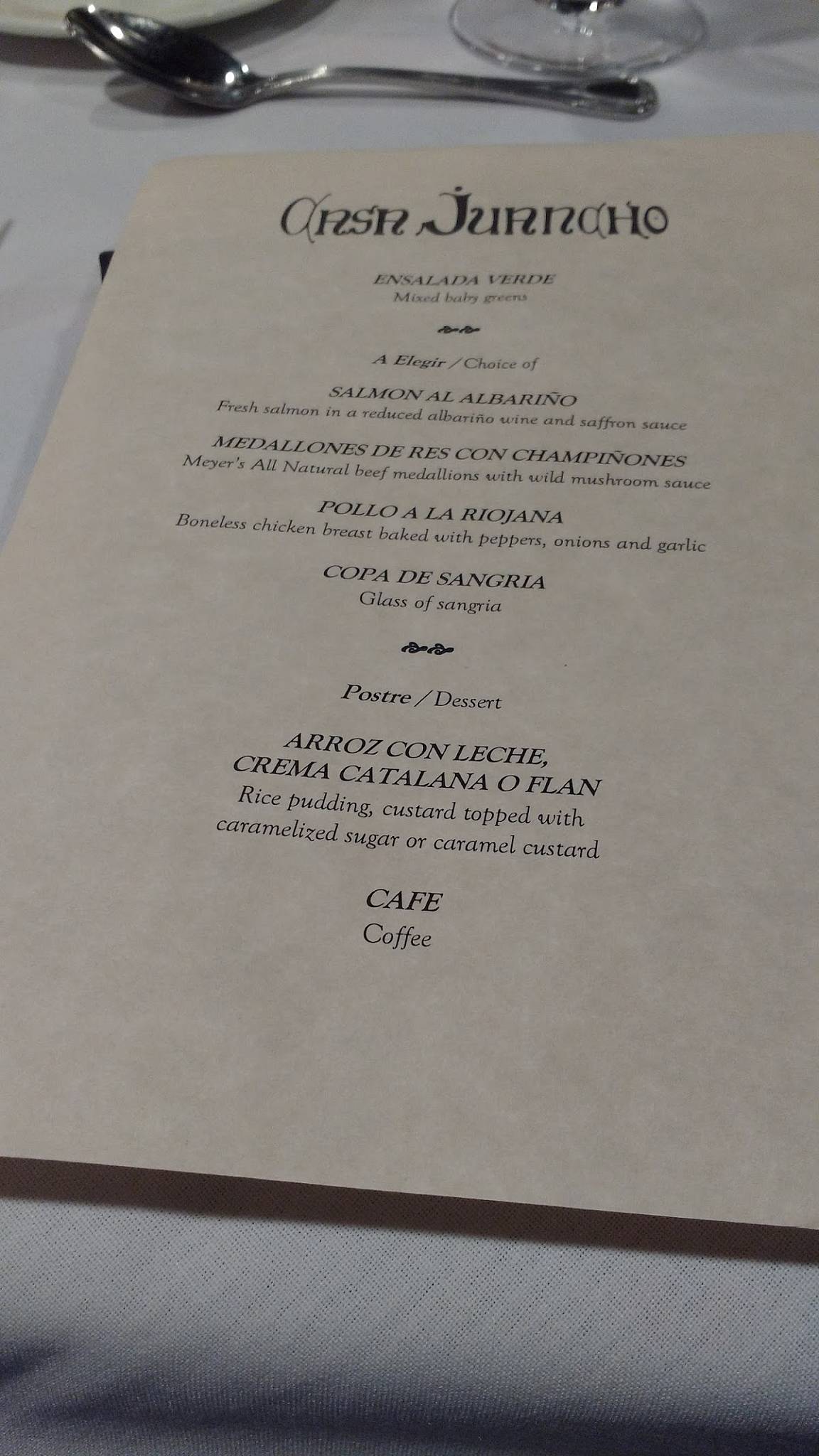 Menu at Casa Juancho restaurant, Miami