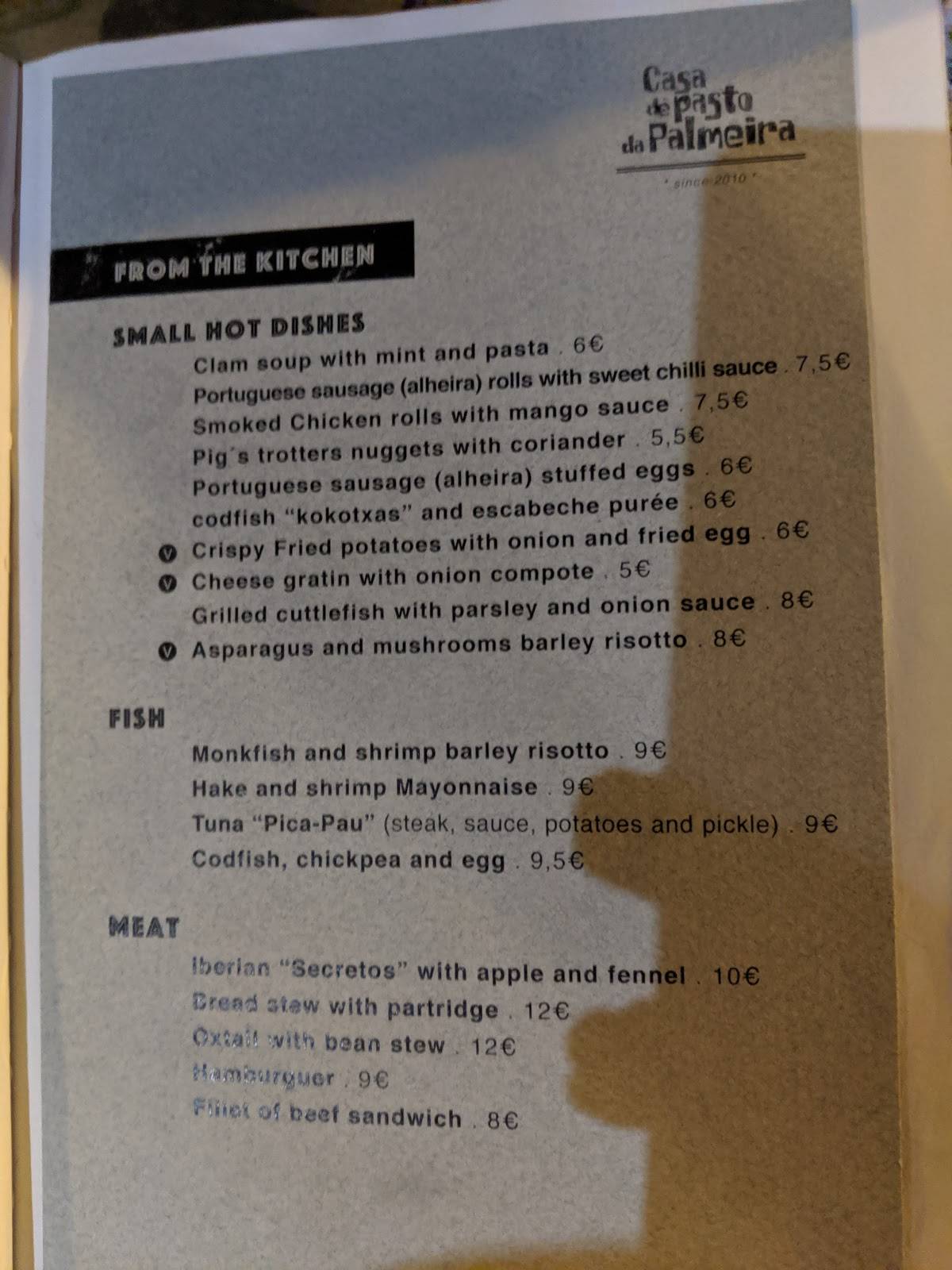 Menu at Casa de Pasto da Palmeira restaurant, Porto