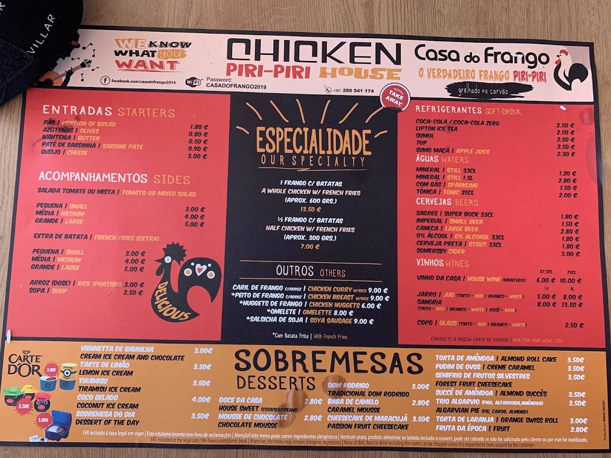 Menu em Casa do Frango restaurante, Olhos de Água