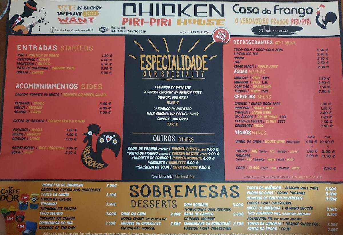 Menu em Casa do Frango restaurante, Olhos de Água