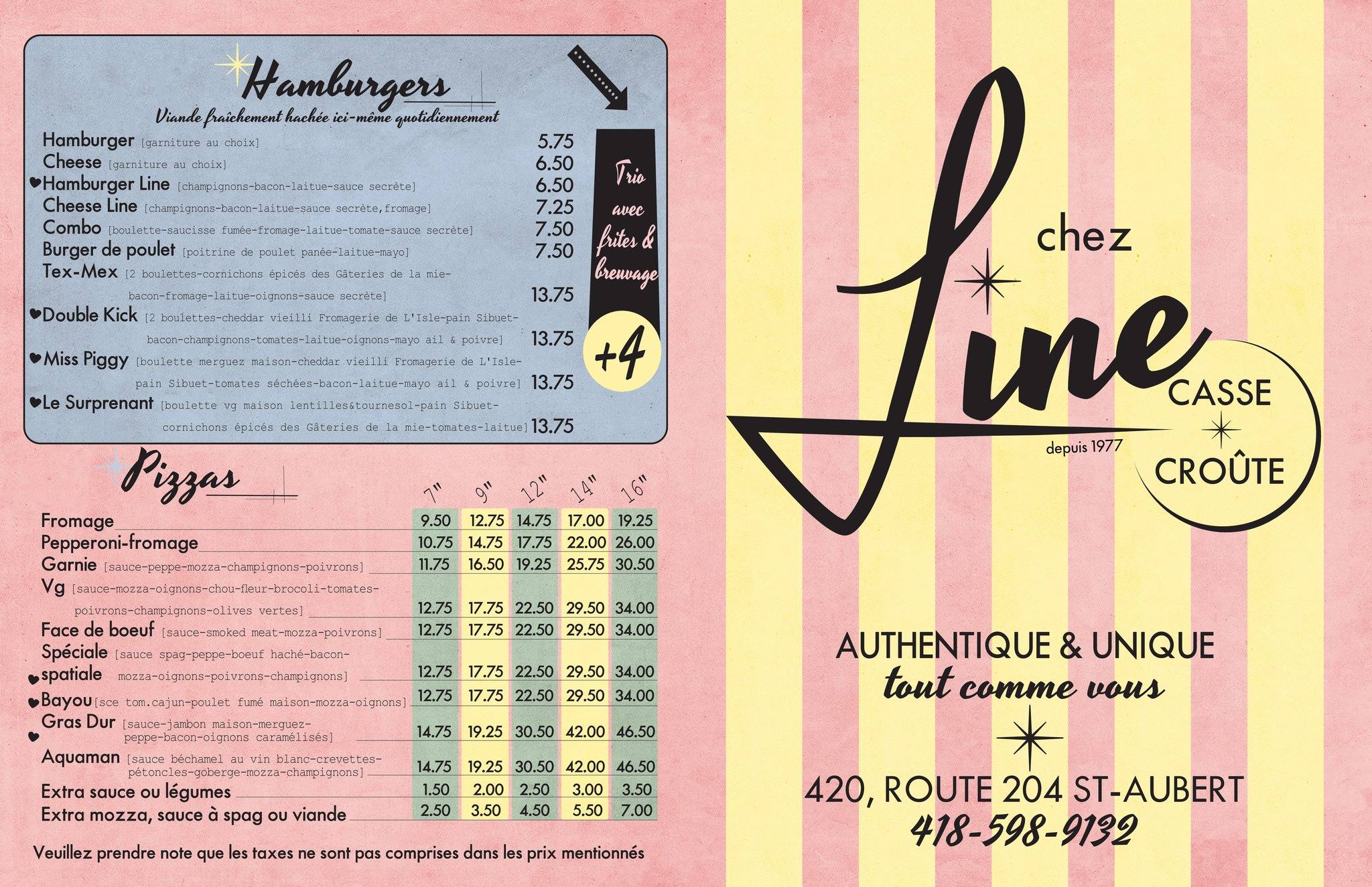 Menu au Casse-Croûte chez Line restaurant, Saint-Aubert, 420 QC-204