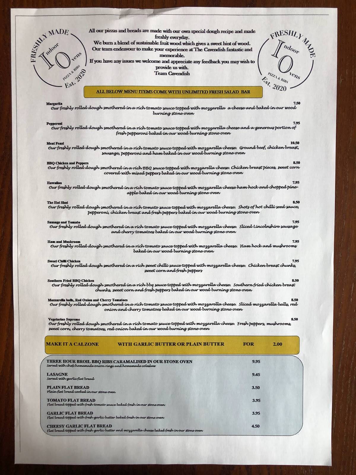 Menu at Cavendish pub & bar, Bolsover