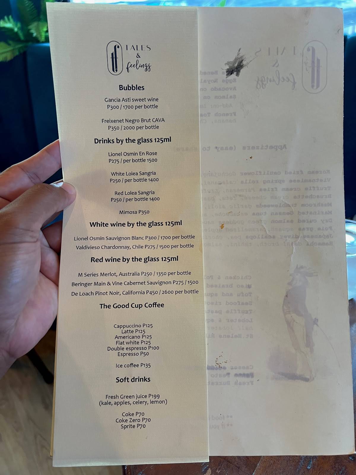Menu at Tales and Feelings restaurant, Cebu City