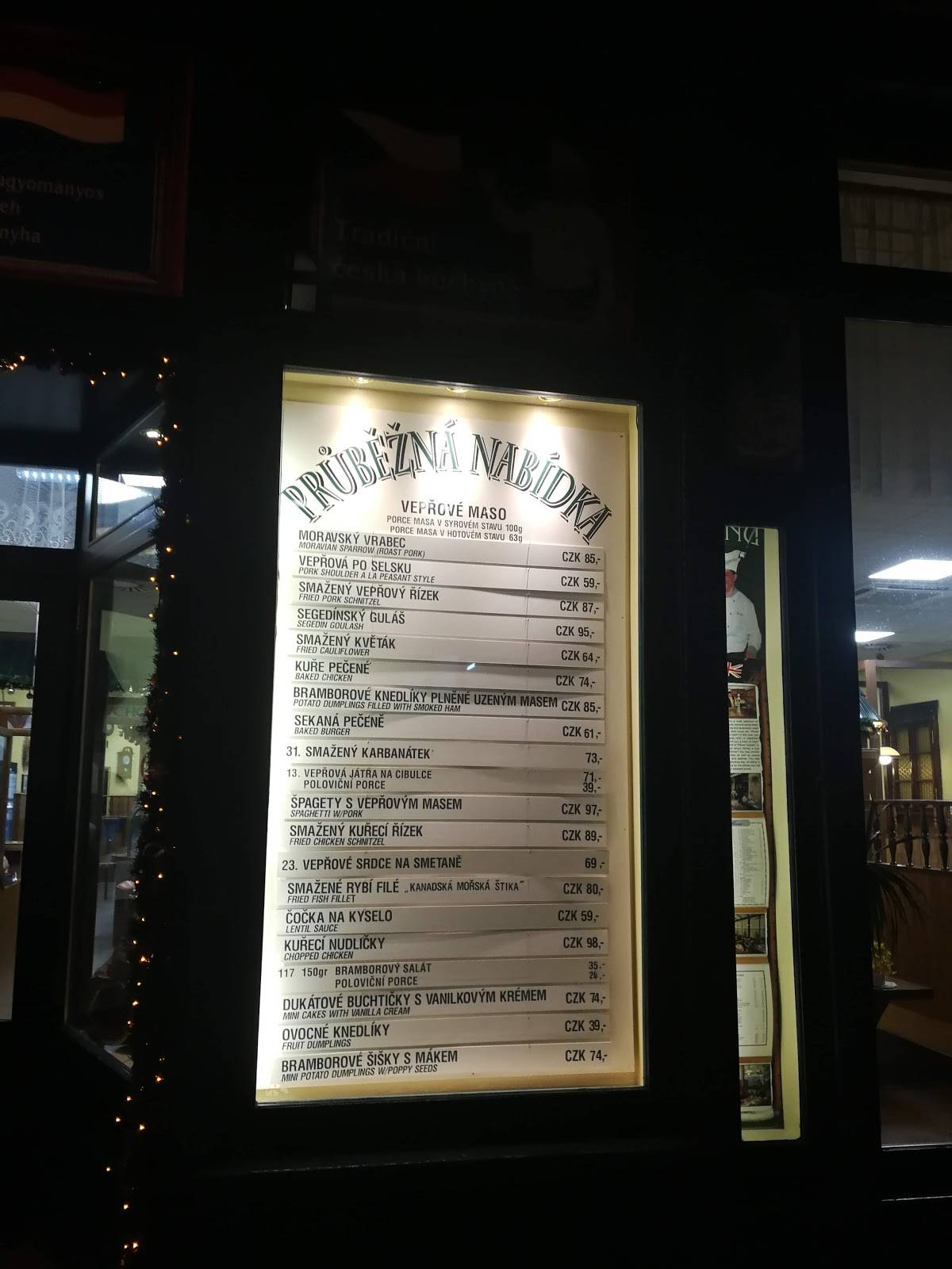 Menu at Česká Kuchyně restaurant, Prague, Old Town