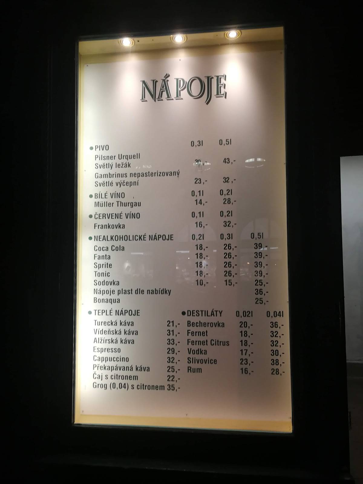Menu at Česká Kuchyně restaurant, Prague, Old Town